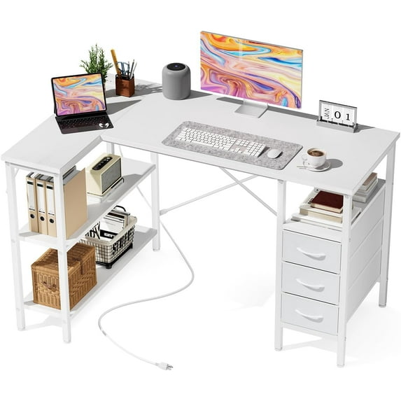 L Shaped Desk with Shelf Drawers Inch, White Corner Computer Desks ...