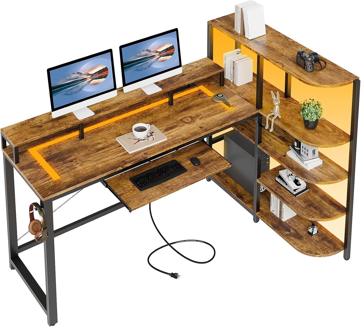 L Shaped Desk with Shelves Computer Desk with LED Lights and Power ...