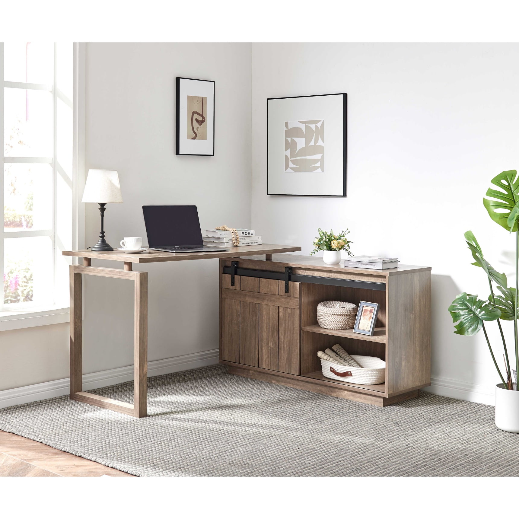 L-Shaped Desk Workstation with Sliding Barn Door Storage Cabinet ...