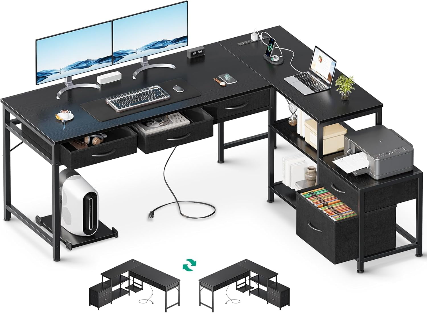 L Shaped Desk with 5 Drawers and Storage Shelves, 61" Reversible Home ...