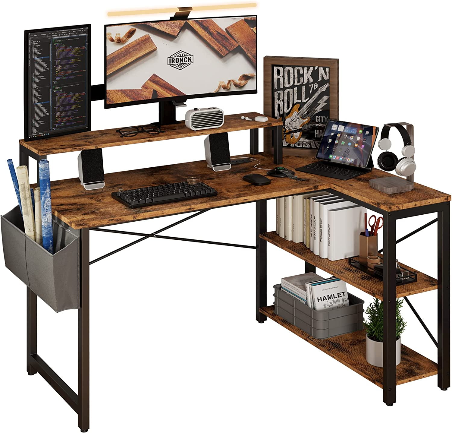L Shaped Desk with Charging Station and Storage Shelves, 47 inch Corner ...