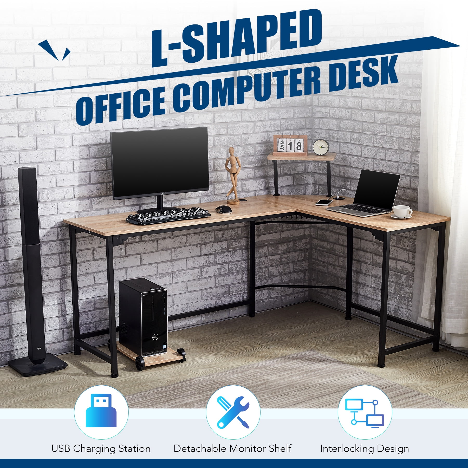 L shaped desk with cord management store
