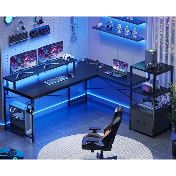 Gianna L-Shaped Gaming Desk with LED Lights, USB-C Charging and Monitor ...