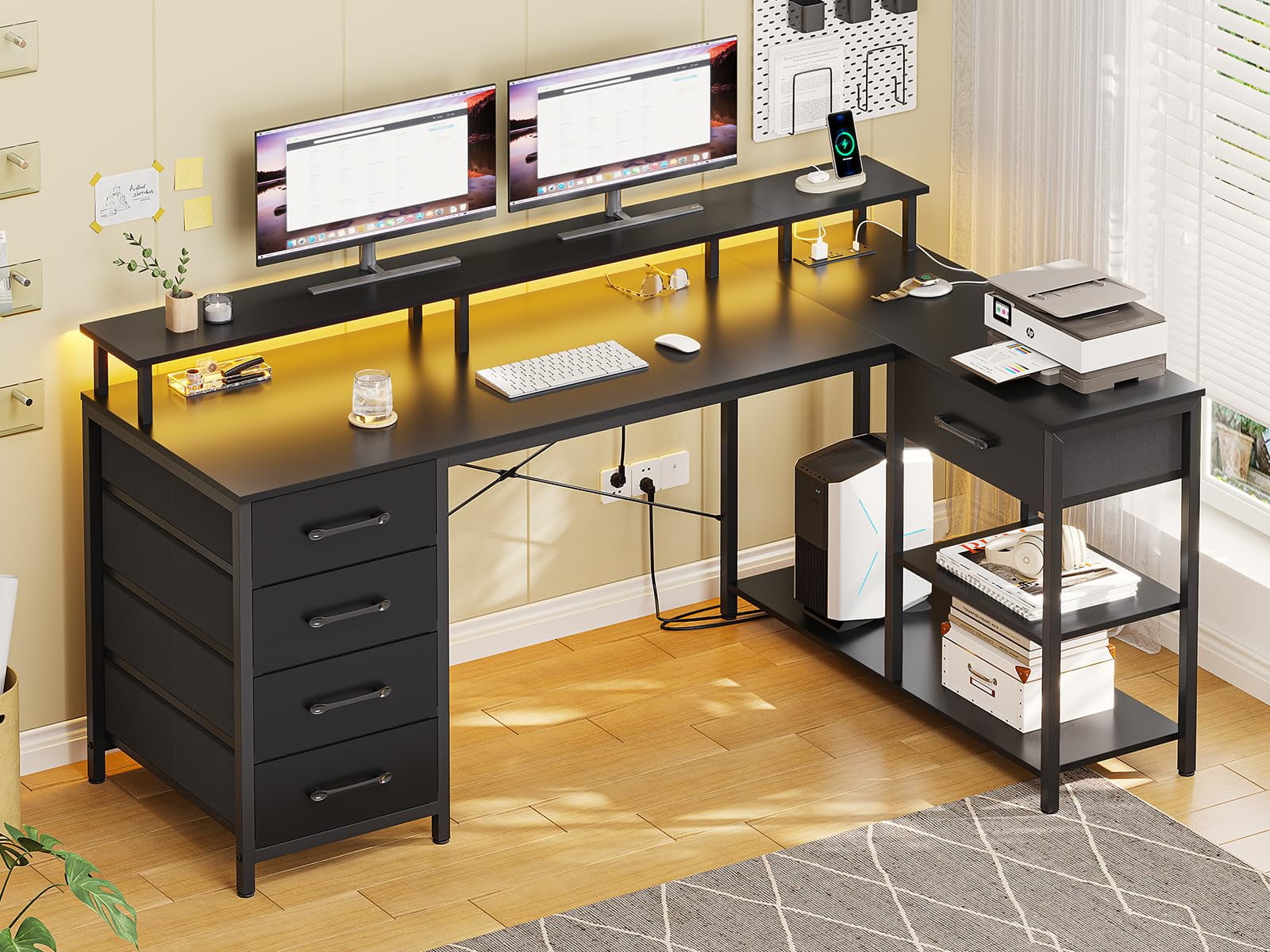 L Shaped Desk with LED Lights and Power Outlets, Computer Desk with 5 ...