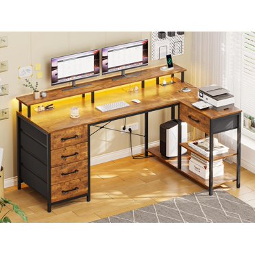 L Shaped Office Desk with Power Outlets, Reversible Corner Computer ...