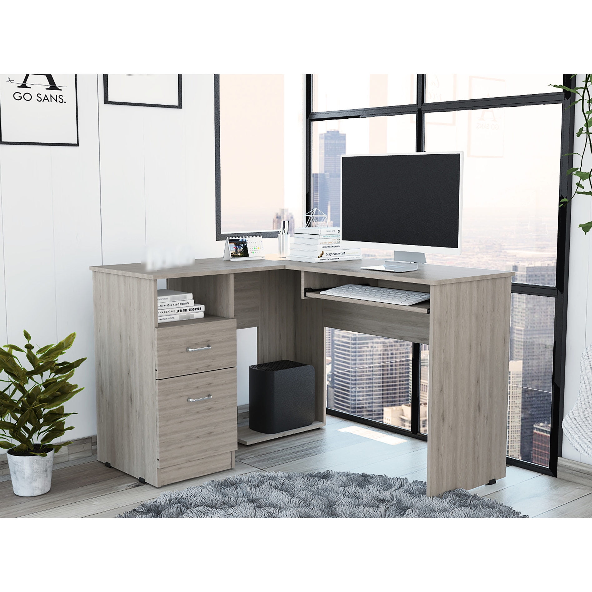 L-Shaped Desk with Left Return+Two Drawers and Shelf"-"Home Office ...