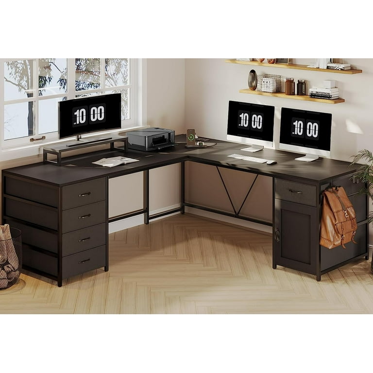 L Shaped Desk with Power Outlet 5 Drawer 63 Reversible Computer Desk Home Office Corner Desk with Storage Cabinet Two Person Desk for Office Black