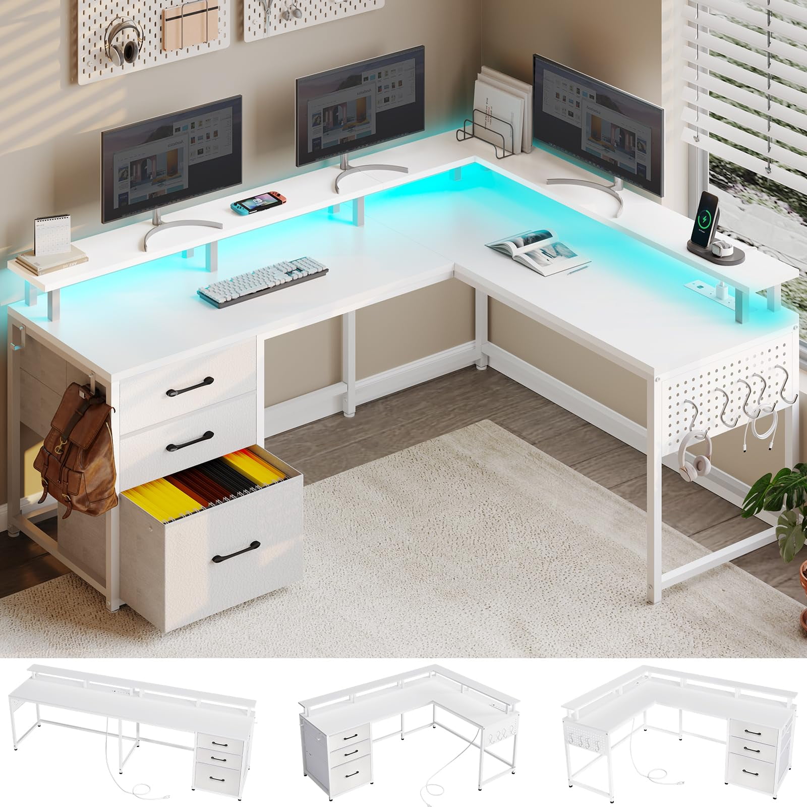 L Shaped Desk with Power Outlet and LED Light, Reversible Computer Desk ...