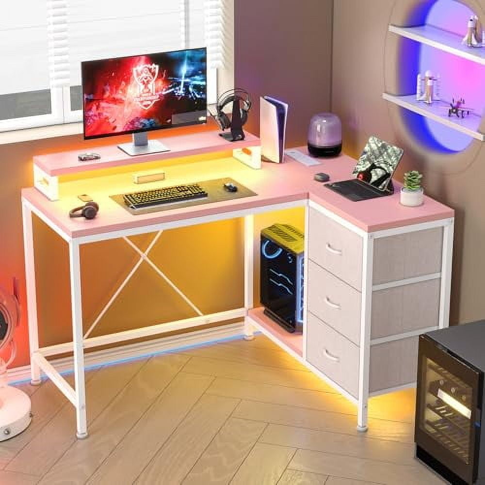 L Shaped Desk with Power Outlets & LED Lights, Computer Desk with ...