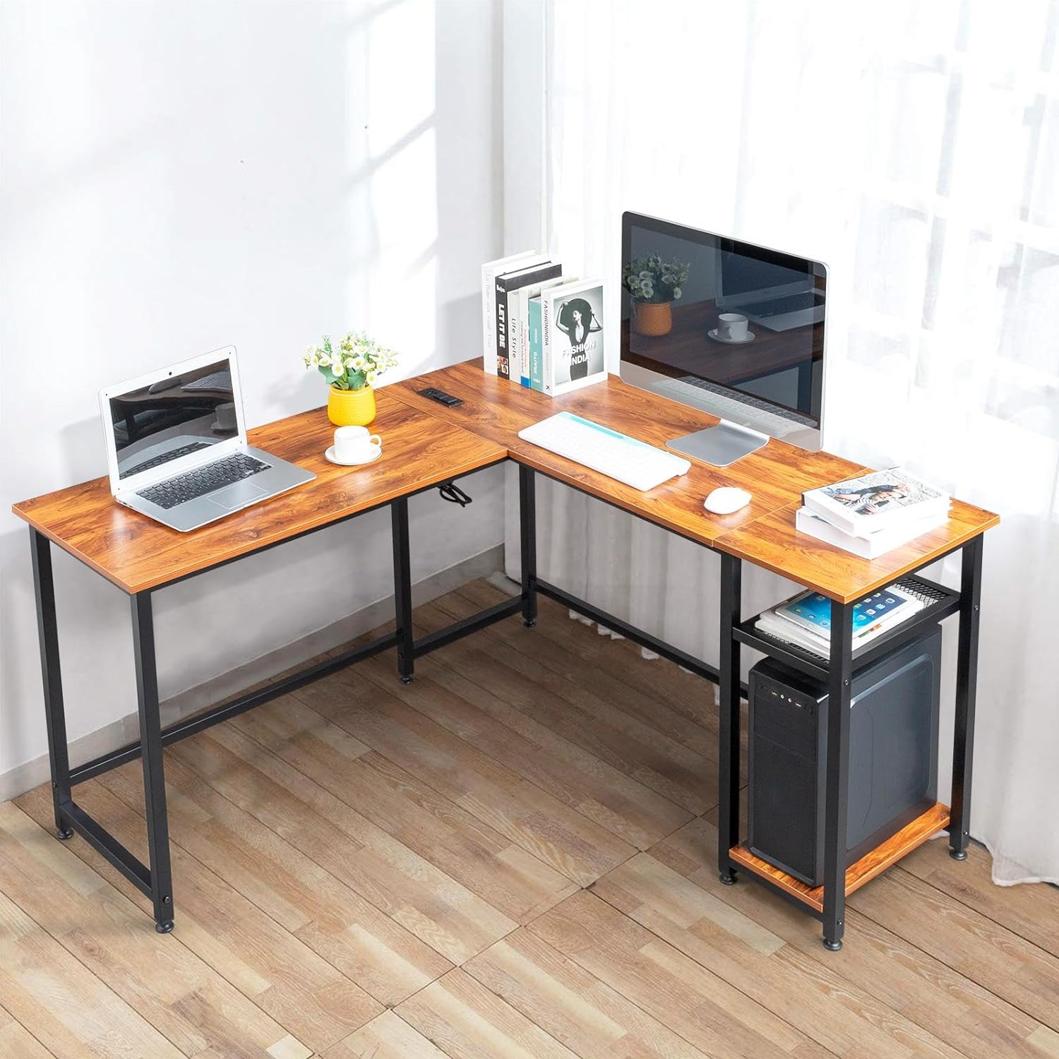 L-Shaped Desktop Computer Desk with Power Outlets & Shelf Tiger Wood ...