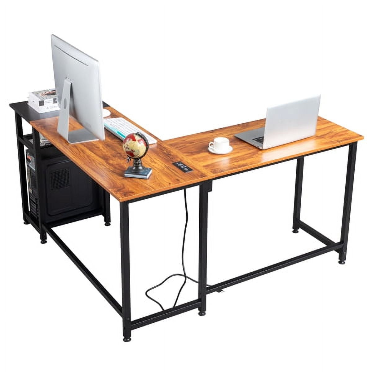 L-Shaped Desktop Computer Desk with Power Outlets & Shelf Tiger wood ...