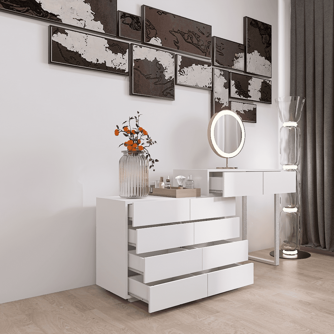 L-Shaped Dressing Table with 10 Drawers, Extended Desktop Chest of ...