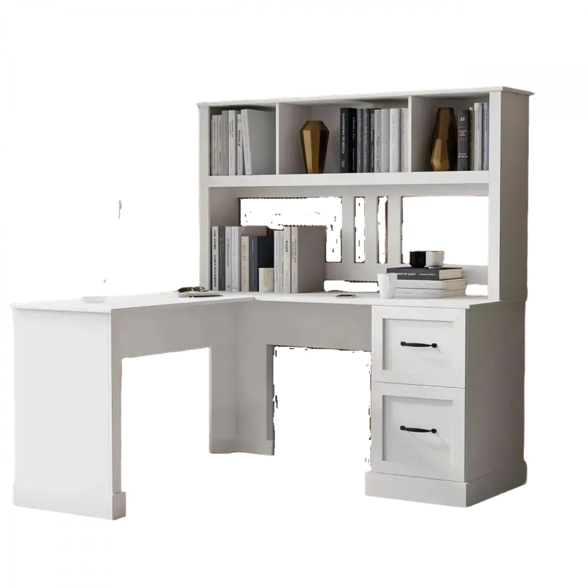L Shaped Executive Work Desk with Hutch, Lagre Computer Desk with 2 ...