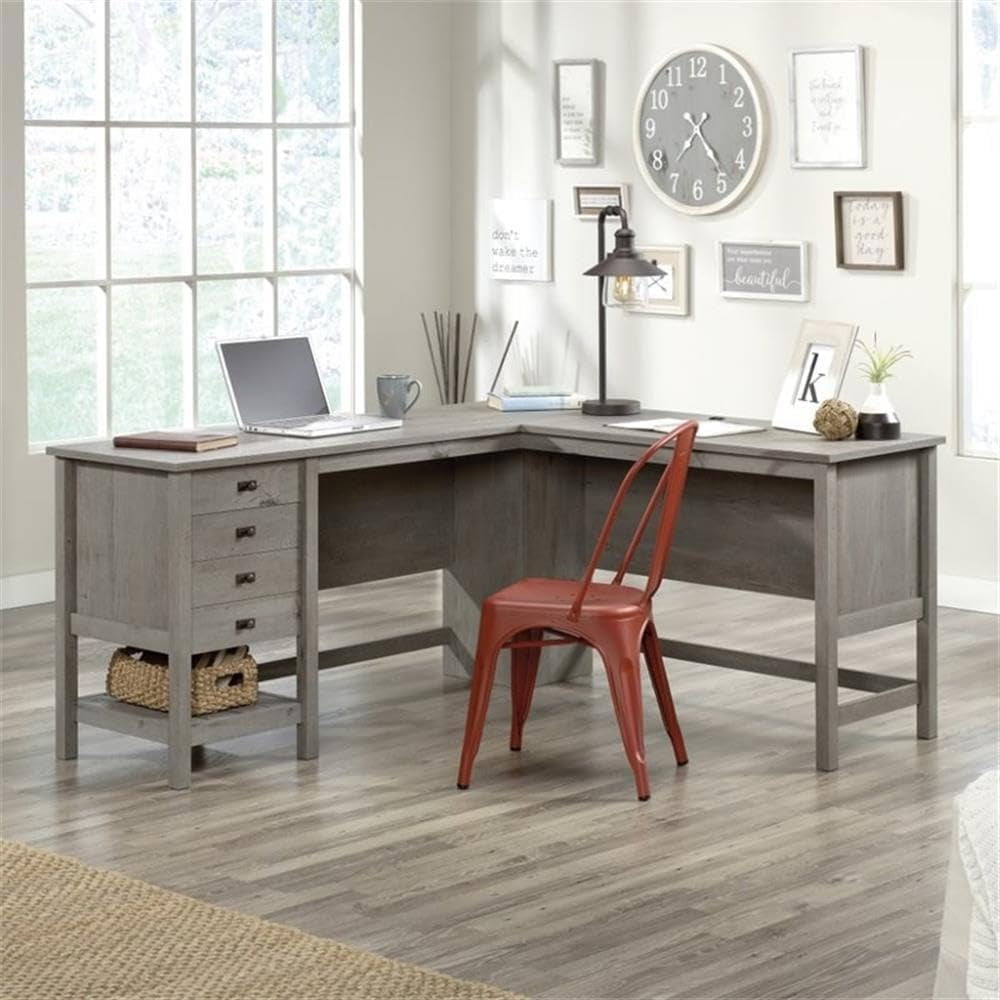 L-Shaped Farmhouse Engineered Wood Computer Desk in Mystic Oak ...