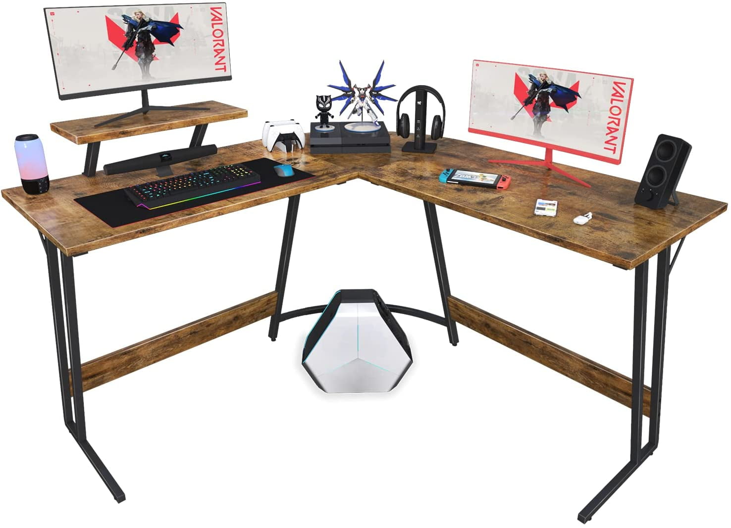 L Shaped Gaming Computer Corner PC Gaming with Large Monitor Riser ...