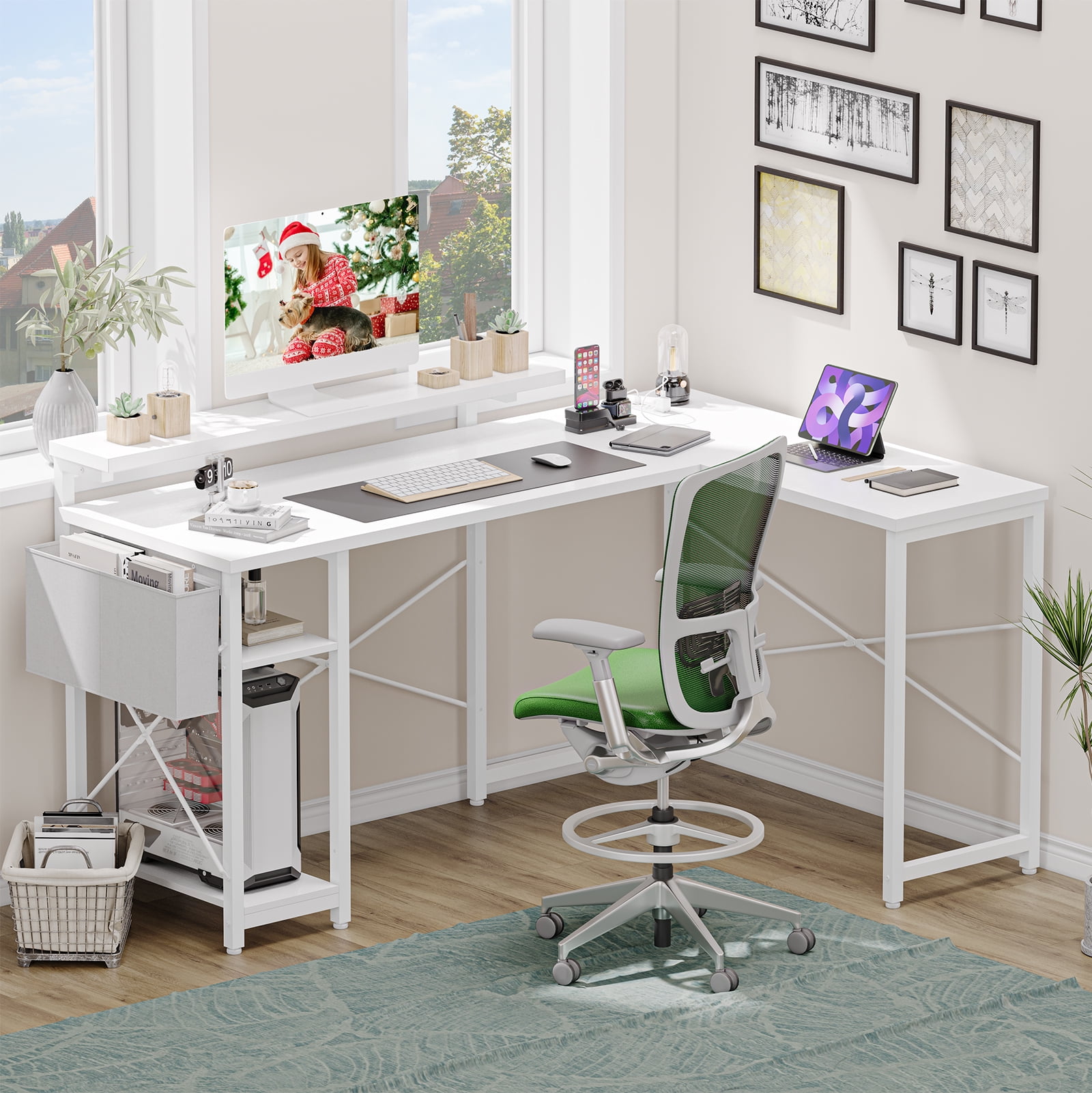 L-Shaped Gaming Computer Desk with Power Outlet & LED Strip, 54" Home ...