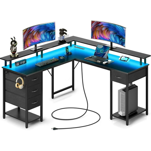 L Shaped Gaming Desk with 4 Drawers Computer Desk with LED Lights ...