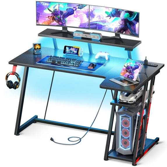L Shaped Gaming Desk 47 Inch with LED Strips, Built-in Power Outlets & USB Ports, Carbon Fiber ...