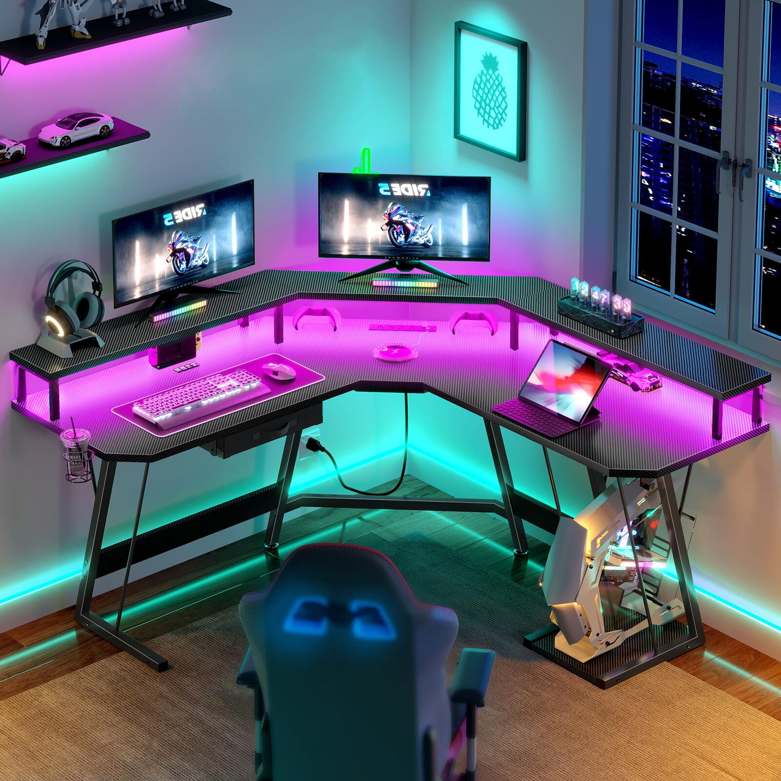 L-Shaped Gaming Desk Corner Table Computer Desk with RGB Light & Power ...