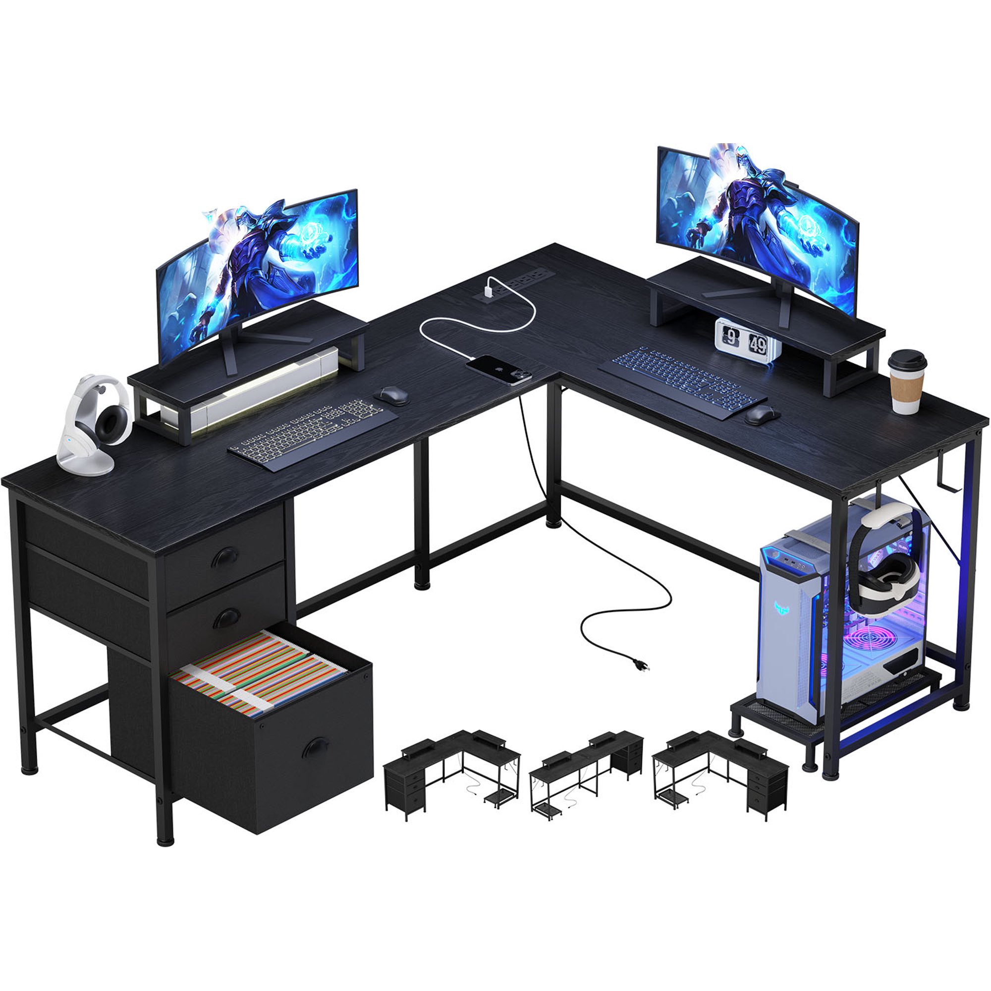 GIKPAL 66" L Shaped Desk, Computer Desk with Power Outlet & Drawers ...