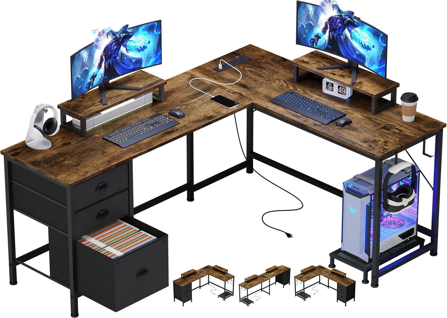 GIKPAL L Shaped Computer Desk, Reversible Gaming Desk with Drawers ...