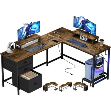 U Shaped Computer Desk with Monitor Stand and LED Lights, Computer ...