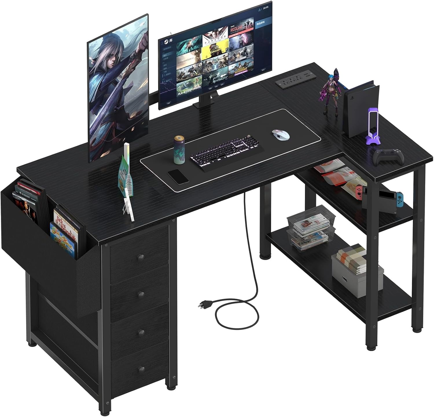 L Shaped Gaming Desk with Drawers & Storage Shelves, 47 Inch Reversible ...