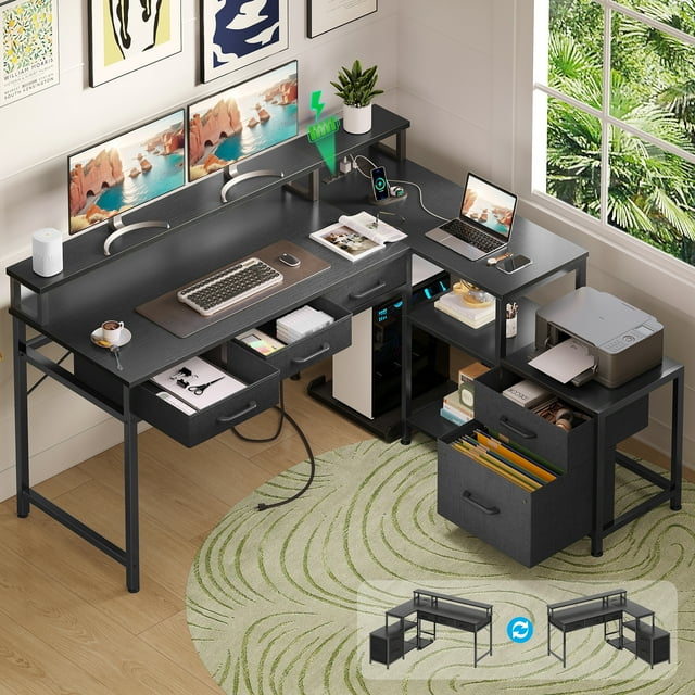 L Shaped Gaming Desk with File Drawer & Power Outlet, 53" Reversible ...