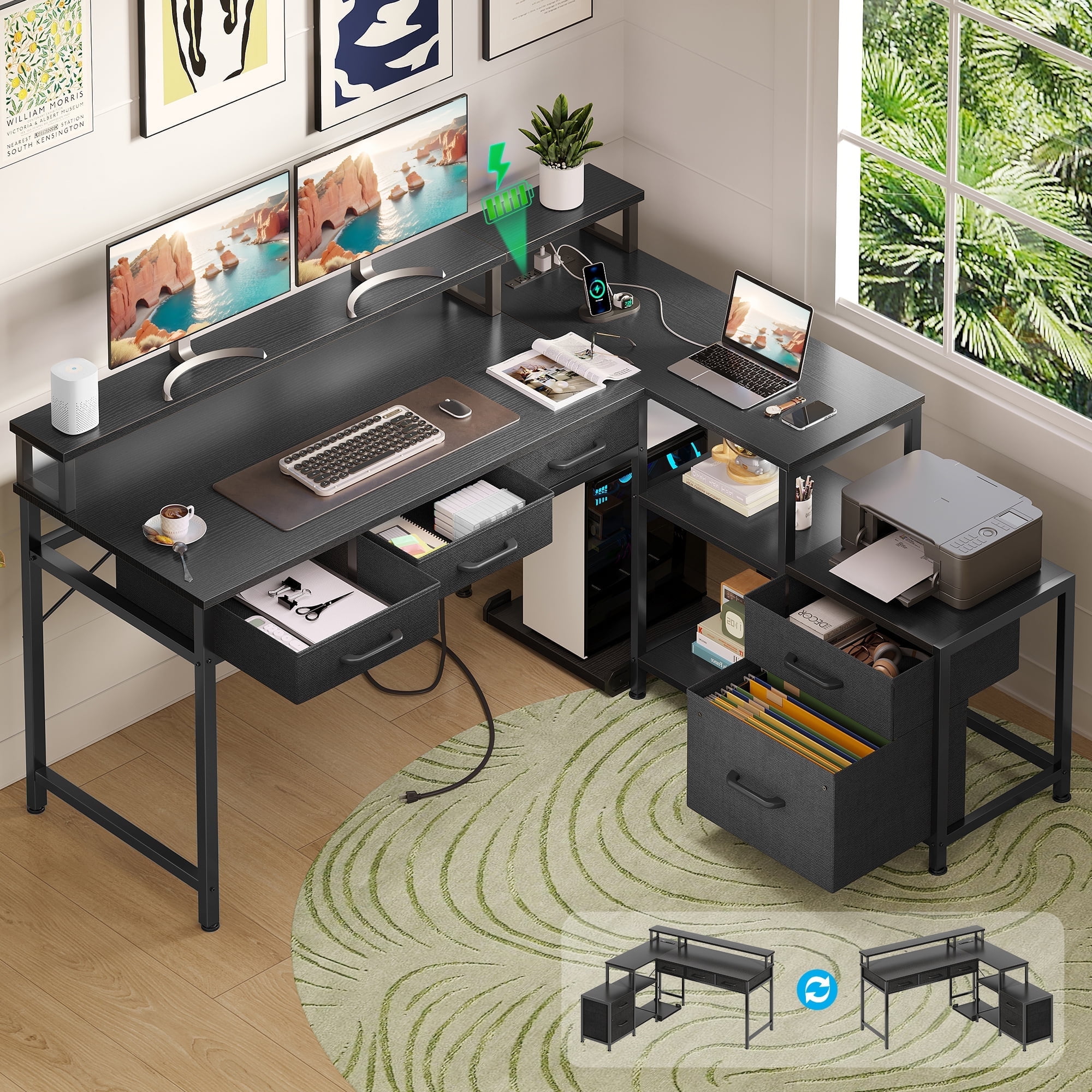 L Shaped Gaming Desk with File Drawer & Power Outlet, 53" Reversible ...