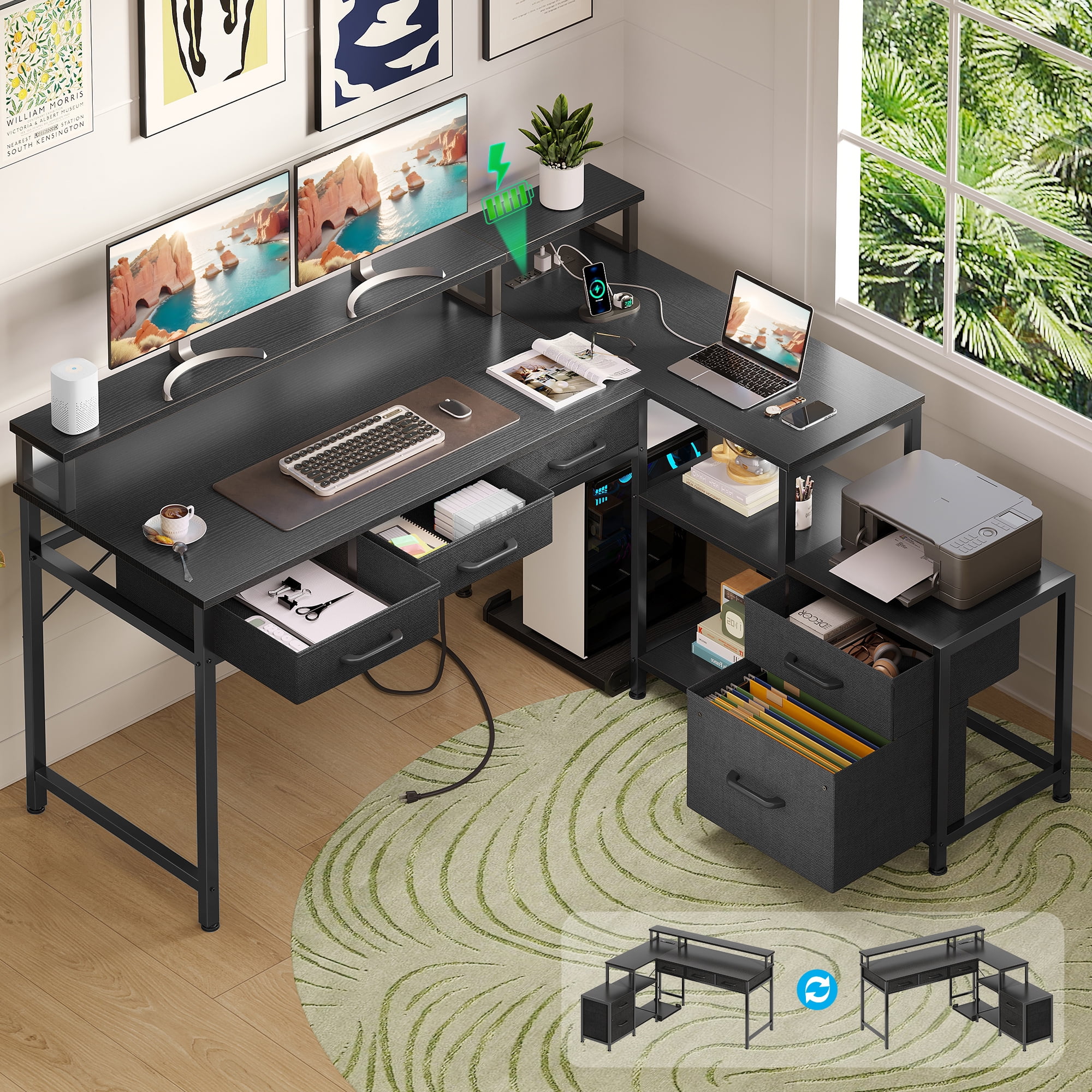 L Shaped Gaming Desk with File Drawer & Power Outlet, 53" Reversible ...