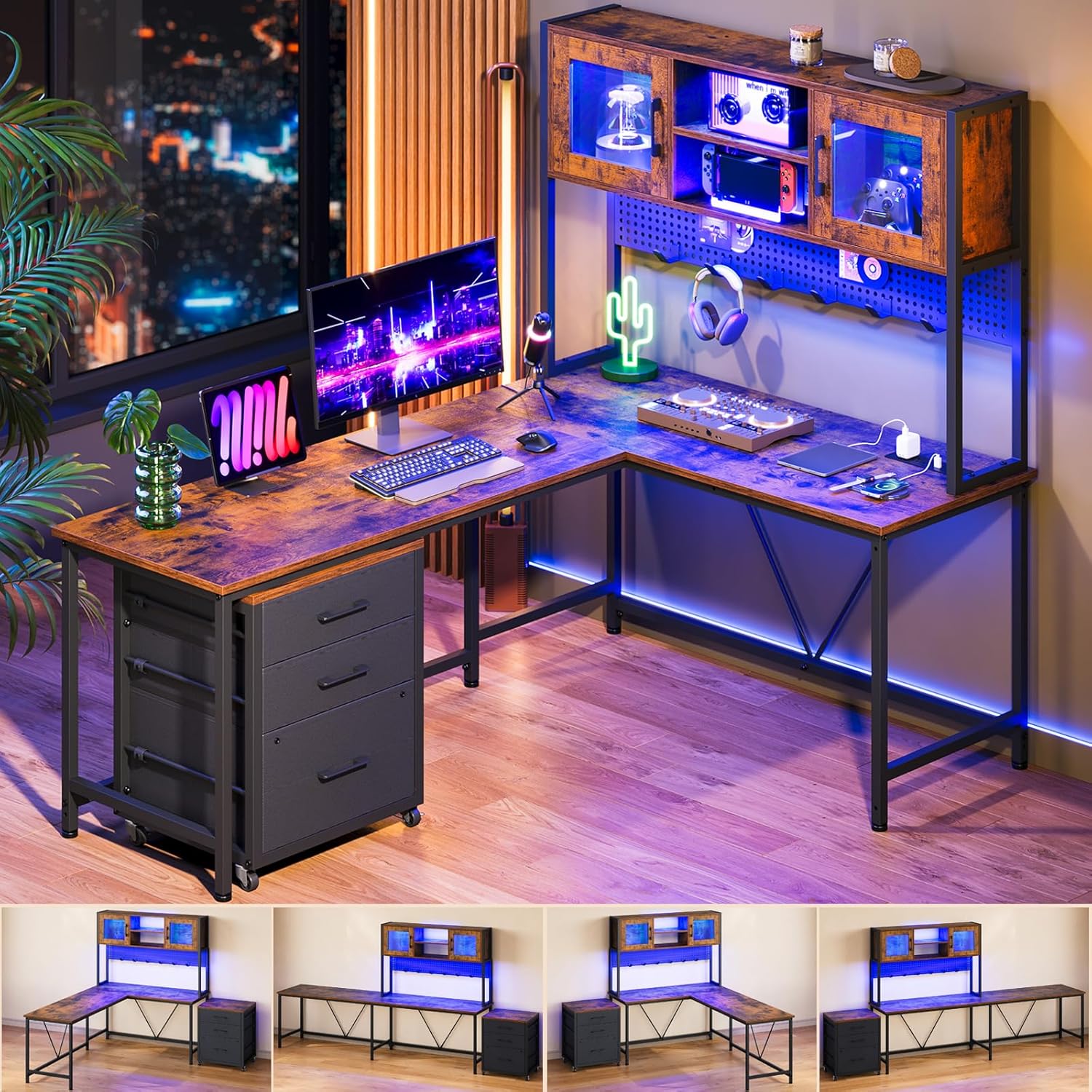 L Shaped Gaming Desk with Hutch, Reversible Computer Desk with Drawers ...