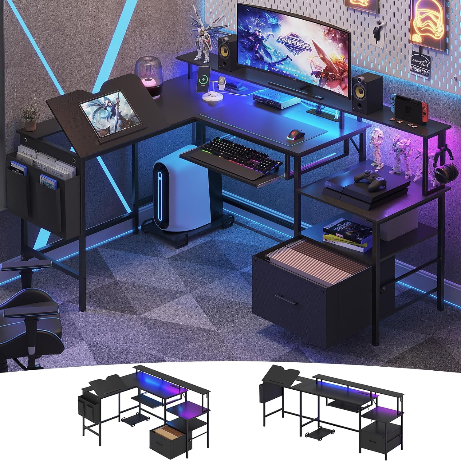 L Shaped Gaming Desk with Keyboard Tray, Adjustable Drafting Table ...