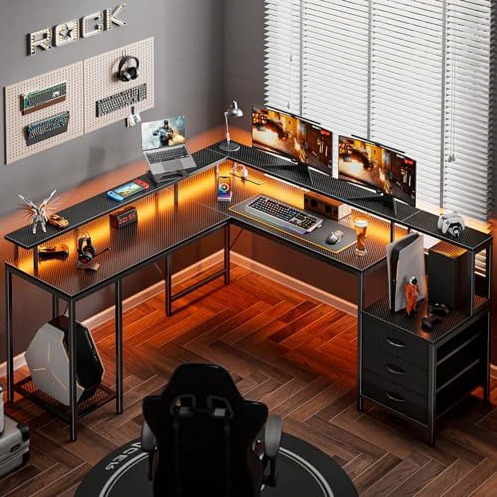L Shaped Gaming Desk with LED Lights and Power Outlets Computer Desk ...