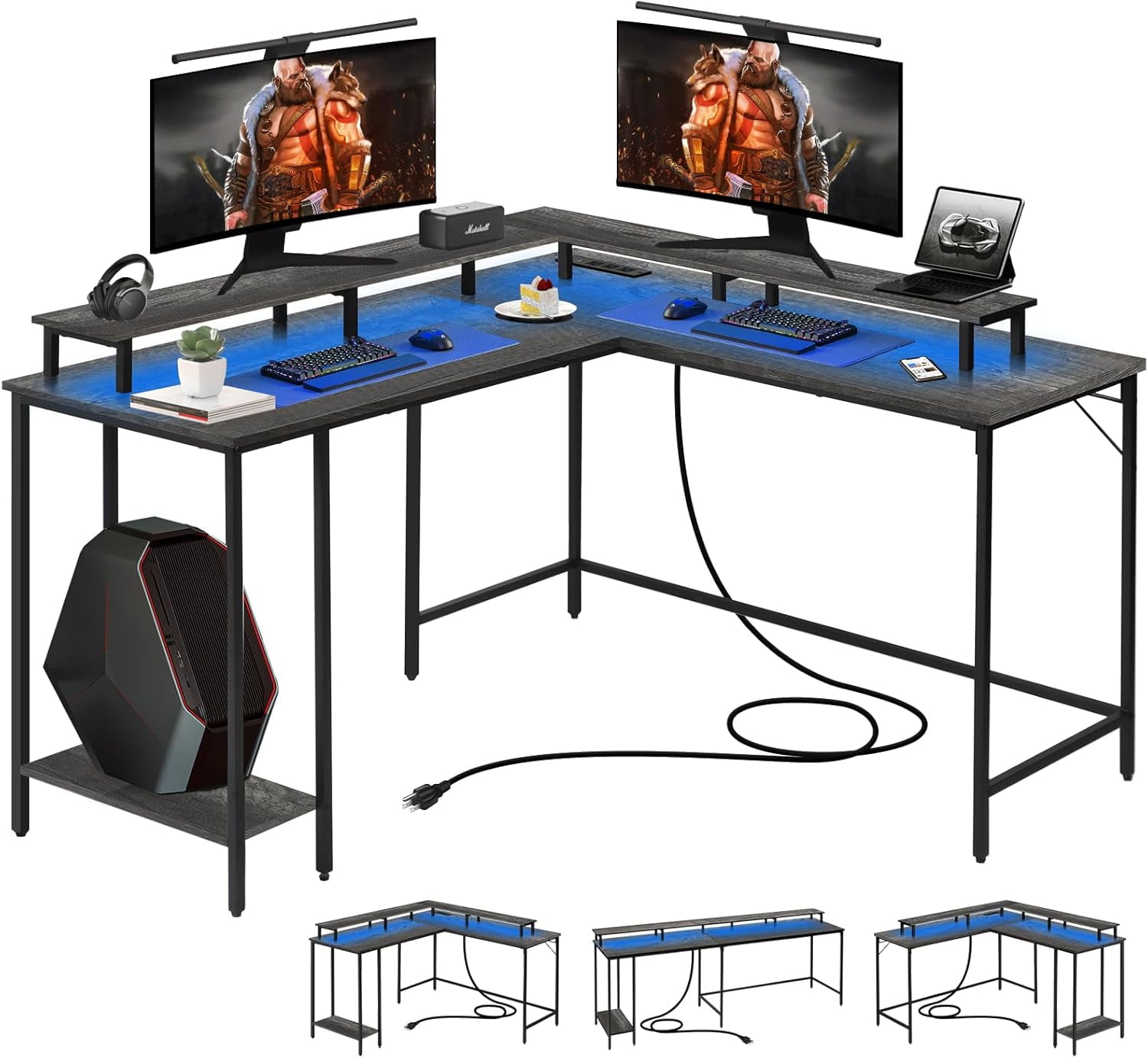 L Shaped Gaming Desk with LED Lights Power Outlets USB Ports ...