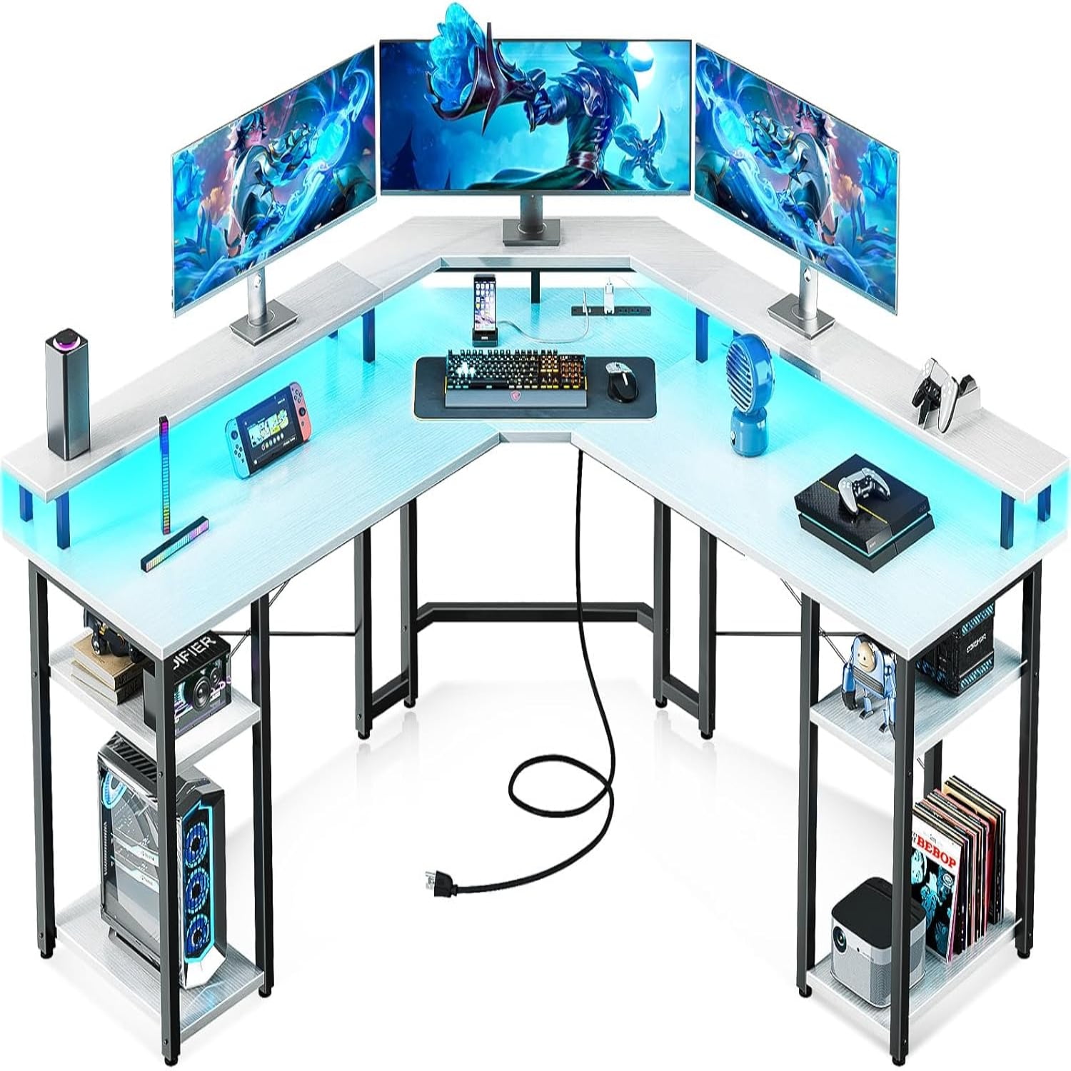 L Shaped Gaming Desk with LED Lights & Power Outlets Reversible 56 ...