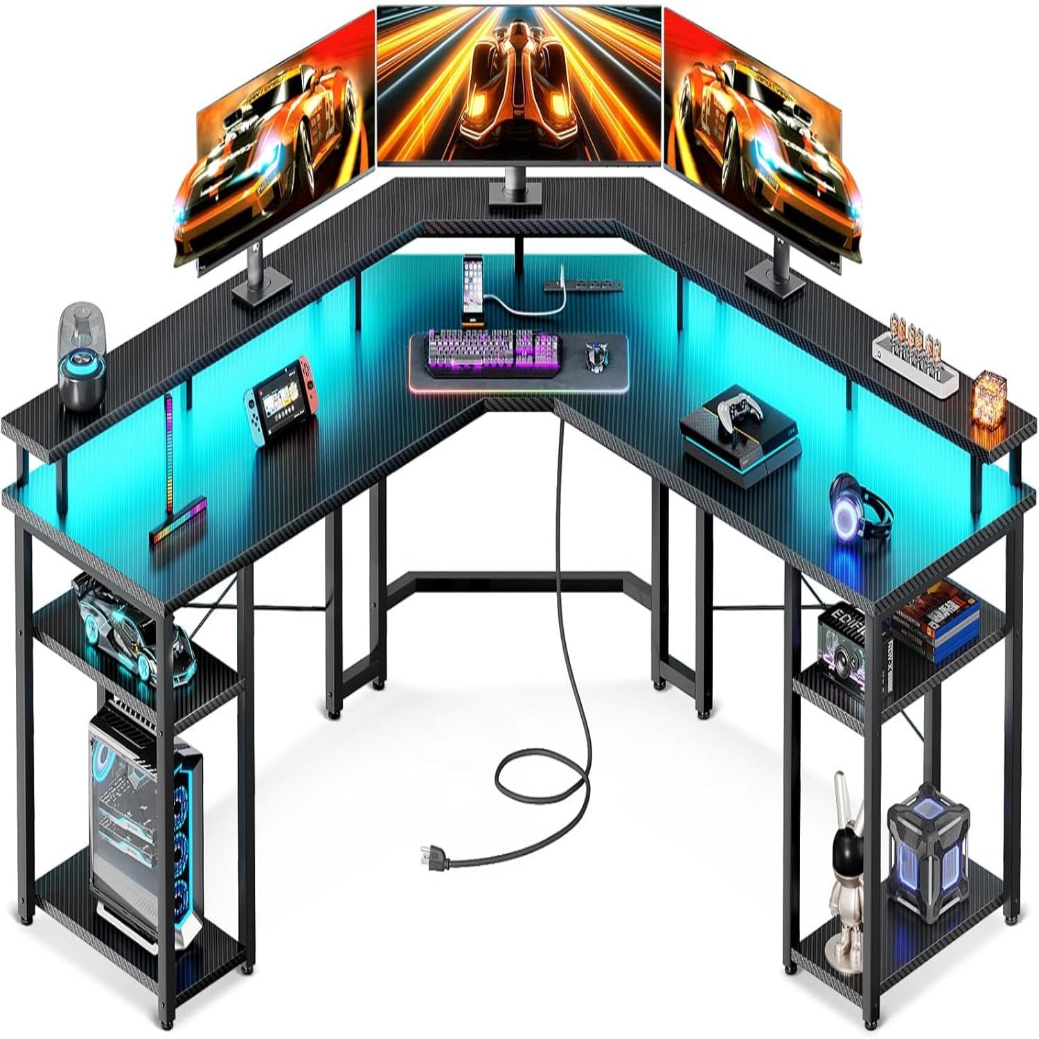 L Shaped Gaming Desk with LED Lights & Power Outlets Reversible 56 ...