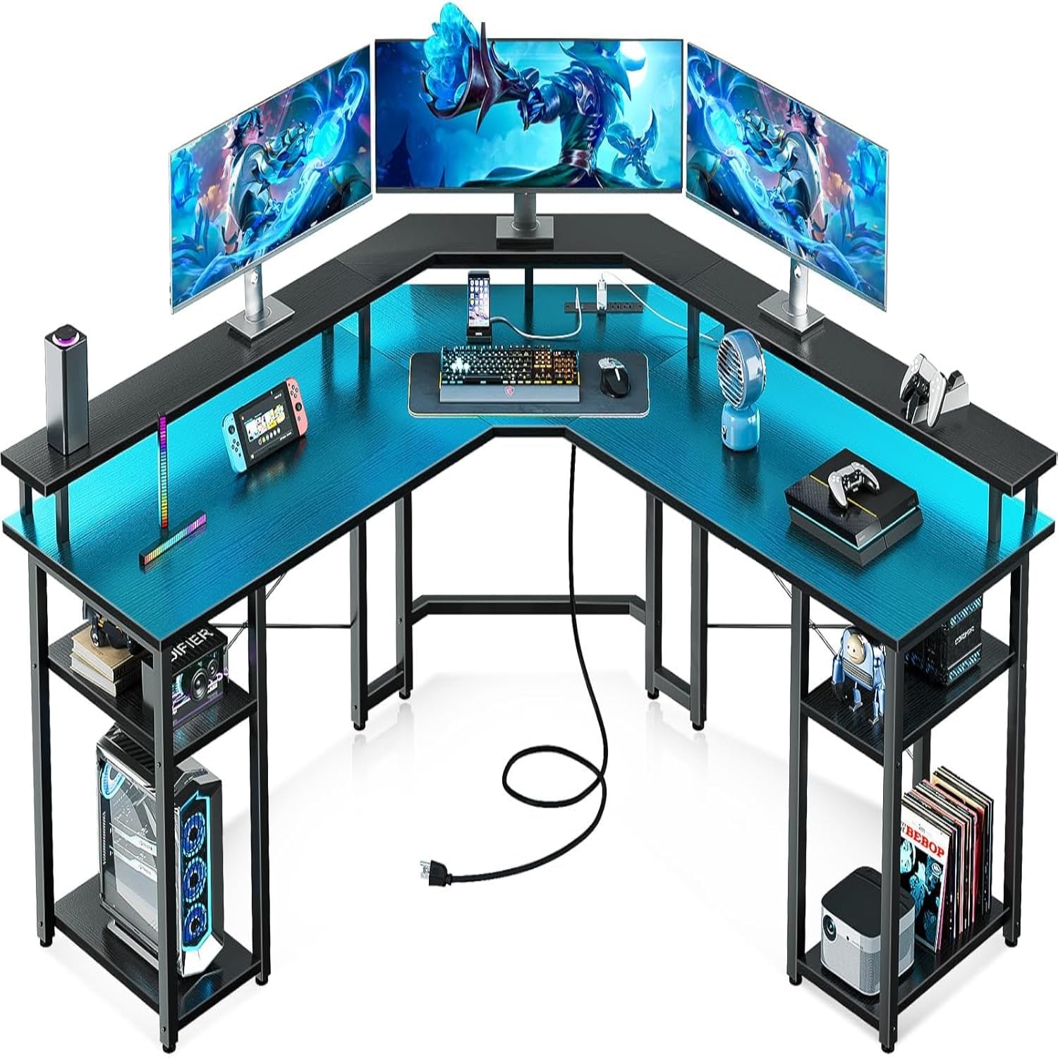 L Shaped Gaming Desk with LED Lights & Power Outlets Reversible 56 ...