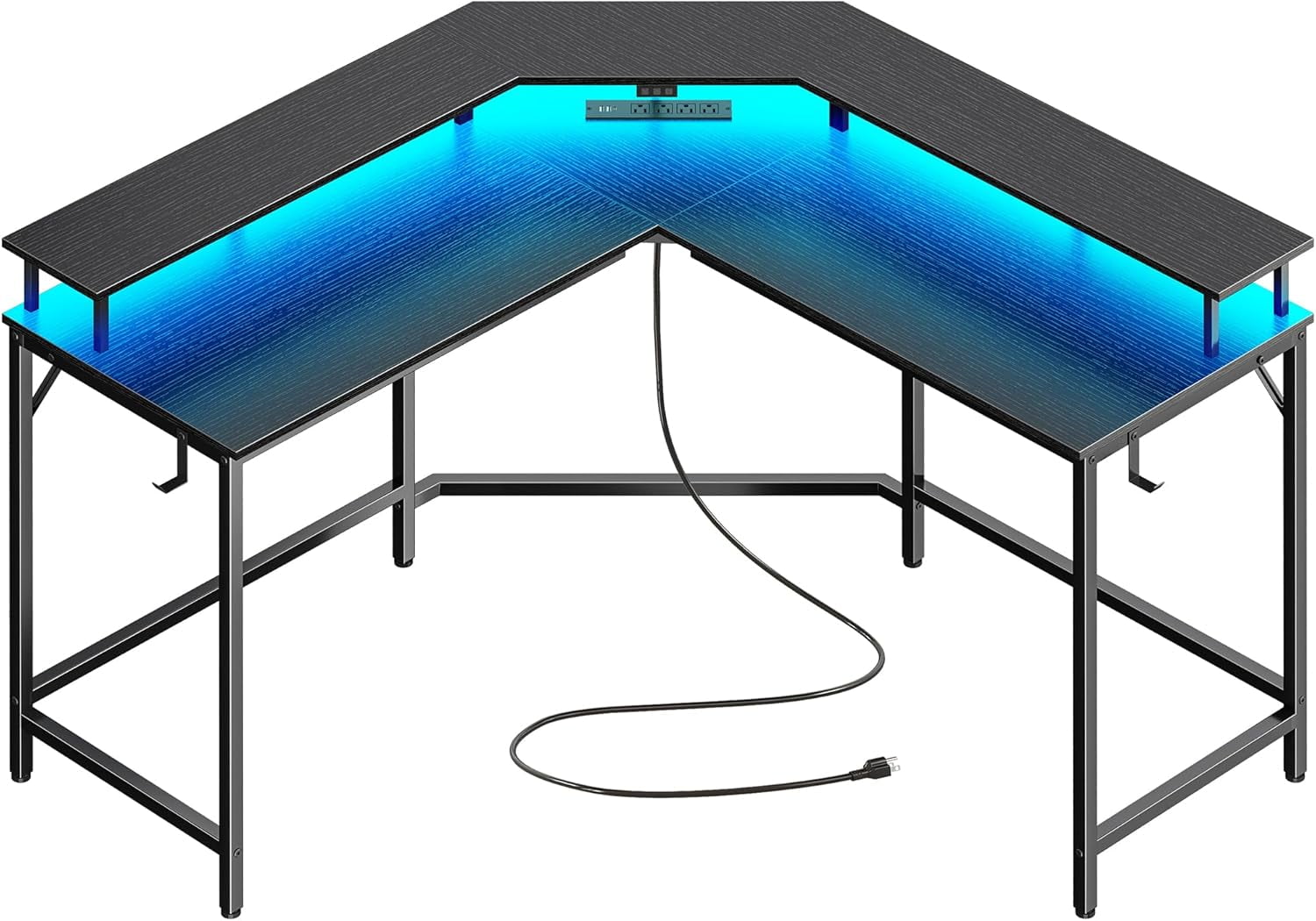 L Shaped Gaming Desk with Power Outlets & LED Lights, Computer Desk ...
