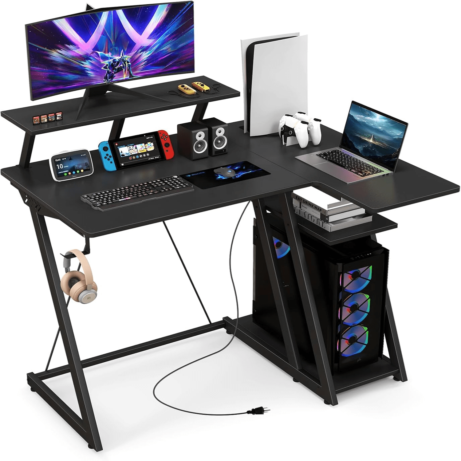L Shaped Gaming Desk with Power Outlets Small Gaming Computer Desk ...
