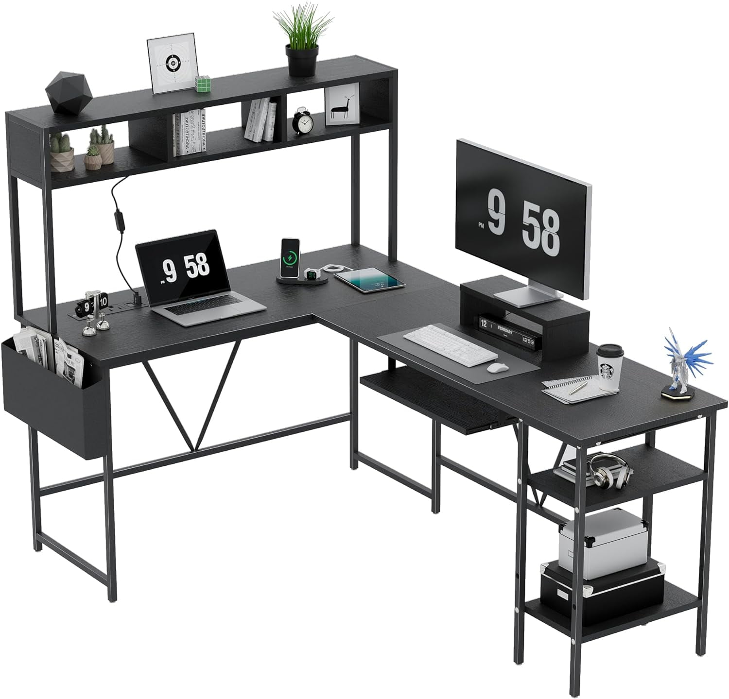 L Shaped Gaming Desk with Power Outlets&LED Lights Reversible Corner ...