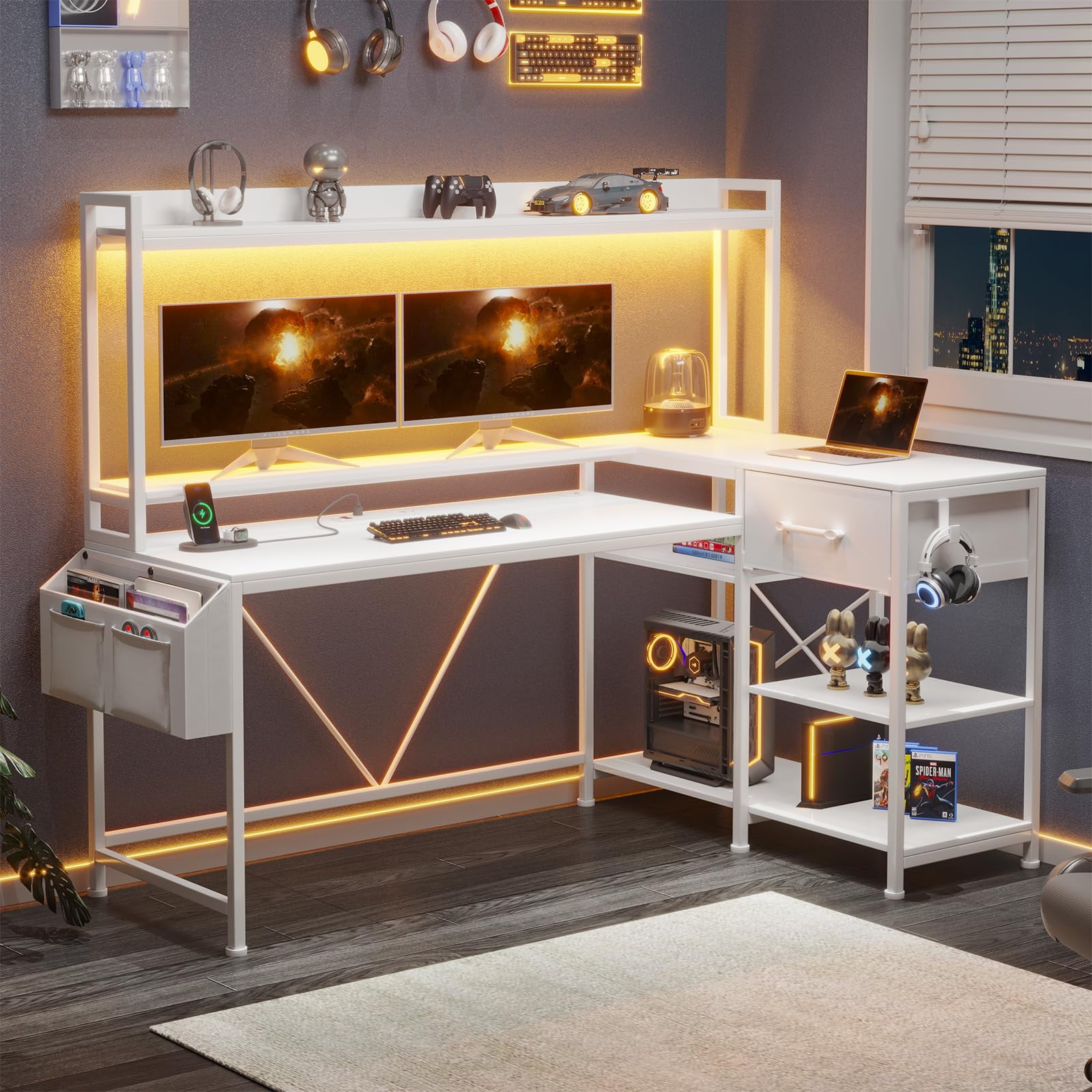 L Shaped Gaming Desk With Power Strip, Led Lights, Fabric Drawer, Hutch