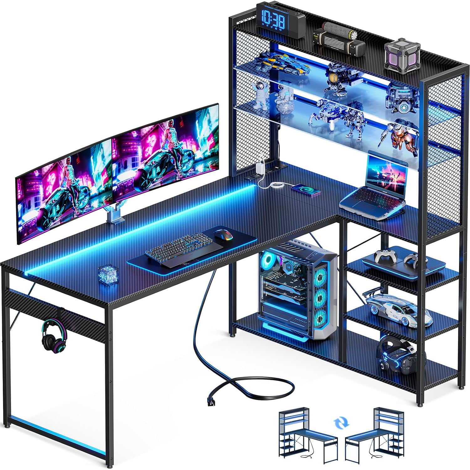 L Shaped Gaming Desk, Reversible Computer Desk with Power Outlet ...