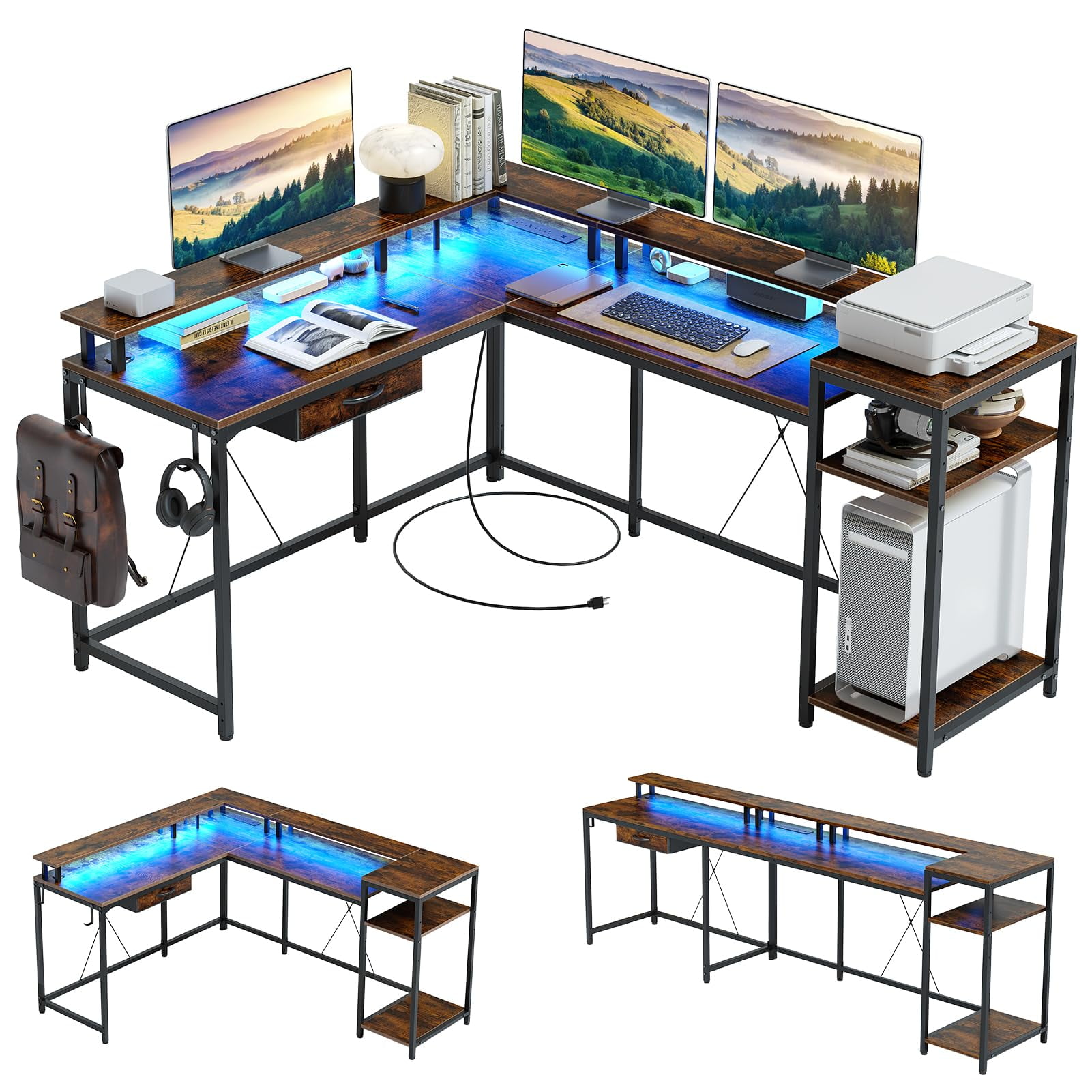 L Shaped Gaming Desk, Reversible Computer Desk with Power Outlet ...