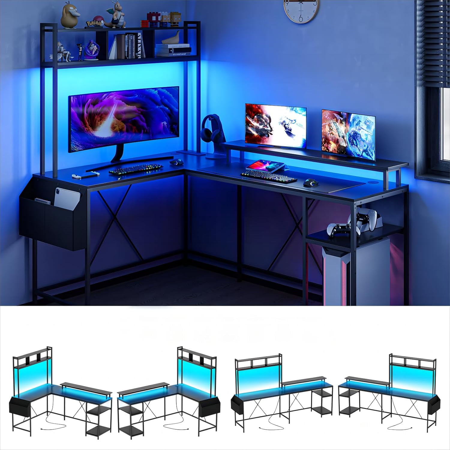 L Shaped Gaming Desk, Reversible Corner Desk with Hutch, Power Outlets ...