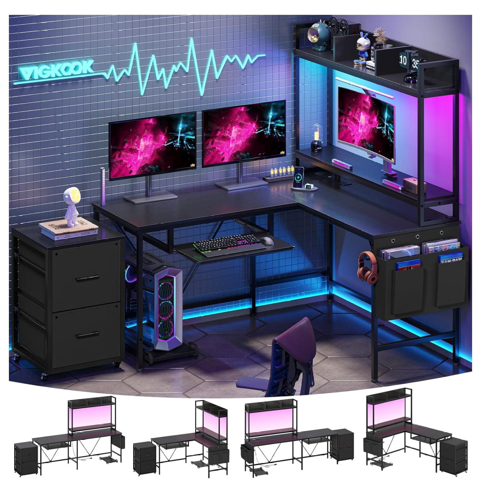 L Shaped Gaming Desk with Shelves, 55in Reversible Home Office Desks ...