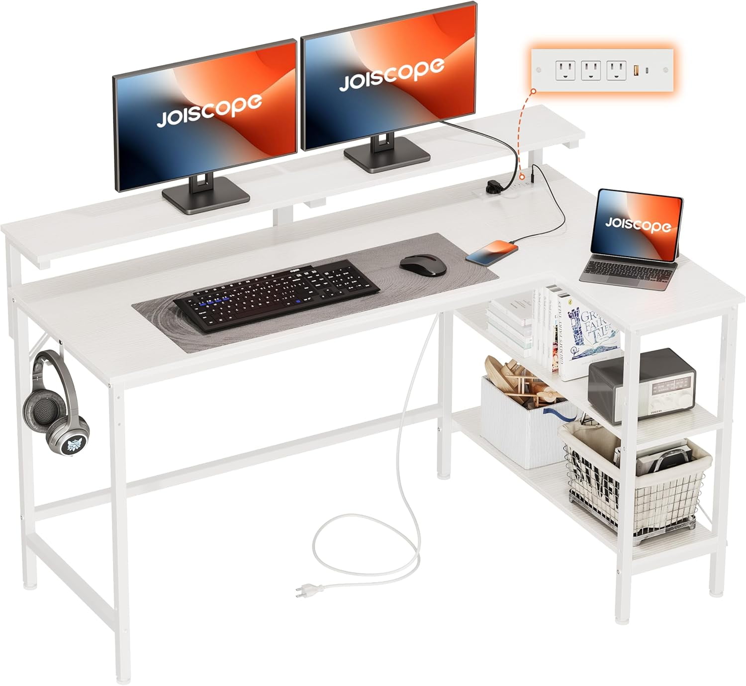 L Shaped Gaming Desk with Shelves and Display Riser, Corner Computer ...