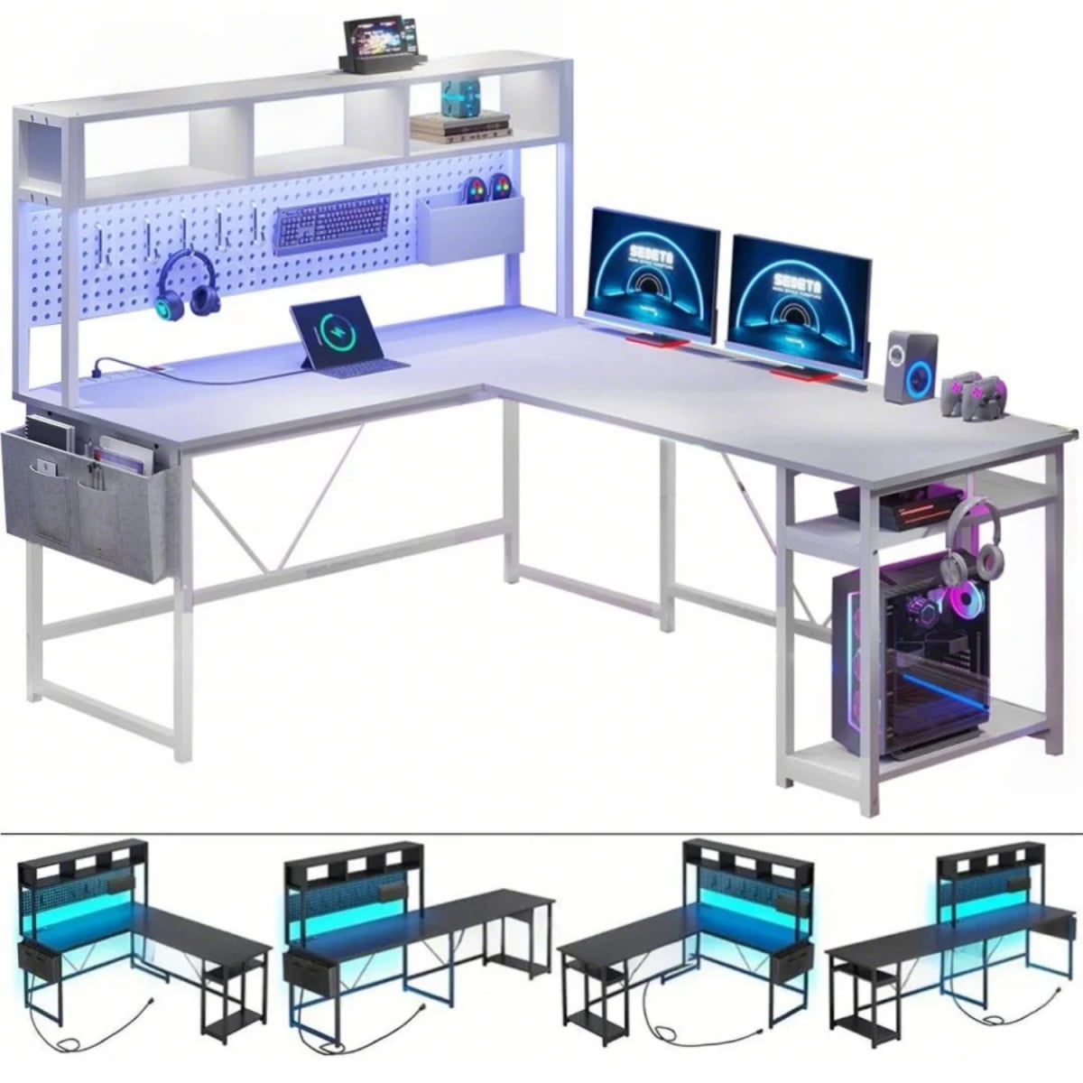 L Shaped Gaming Desk & Stool Set, Reversible 94.5 Inch Computer Desk ...