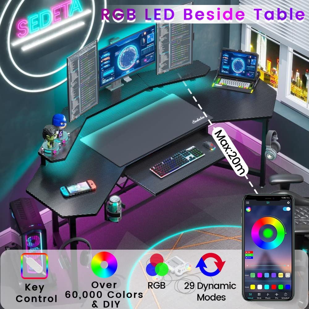L Shaped Gaming Desk Table Home Office Computer Desk with LED Lights ...