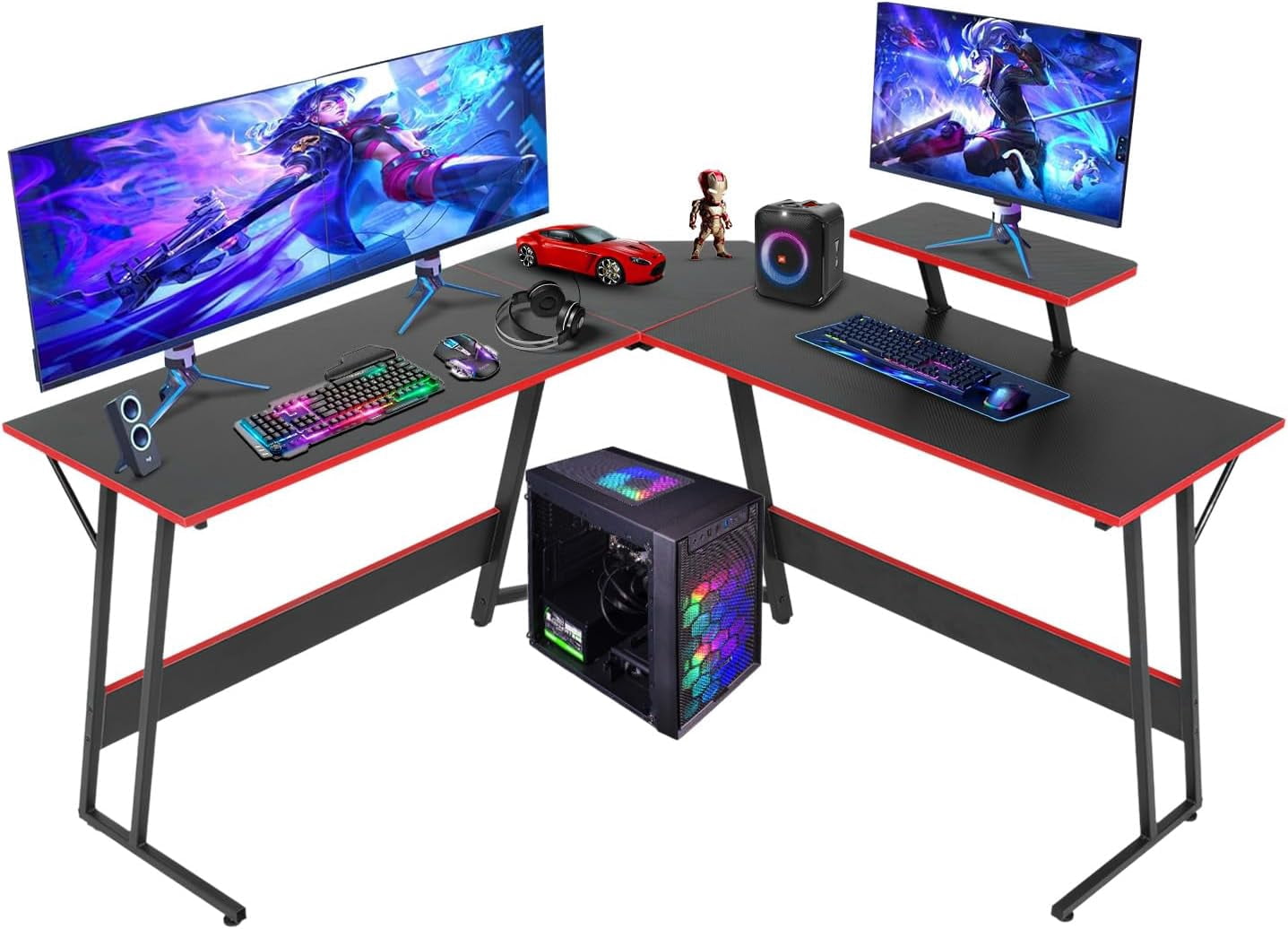 L Shaped Gaming Desk with Carbon Fiber Desktop & Large Monitor Stand ...