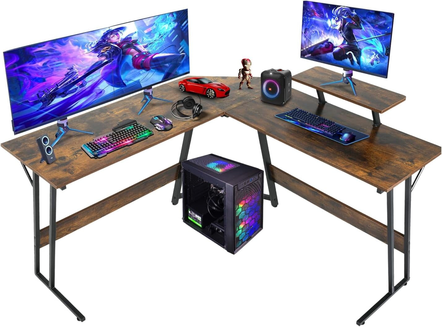 L Shaped Gaming Desk with Carbon Fiber Desktop & Large Monitor Stand ...